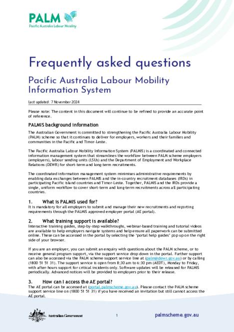 PALMIS Frequently Asked Questions - Department of Employment and ...